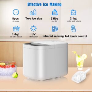 Vtechvat Ice Maker, Countertop Ice Maker with UV Lamp, Portable Ice Machine with Self Cleaning, ABS Material, 33lbs/Day, 6mins/8Pcs Bullet Ice, Counter Ice Maker for Home Kitchen Office Party(White)