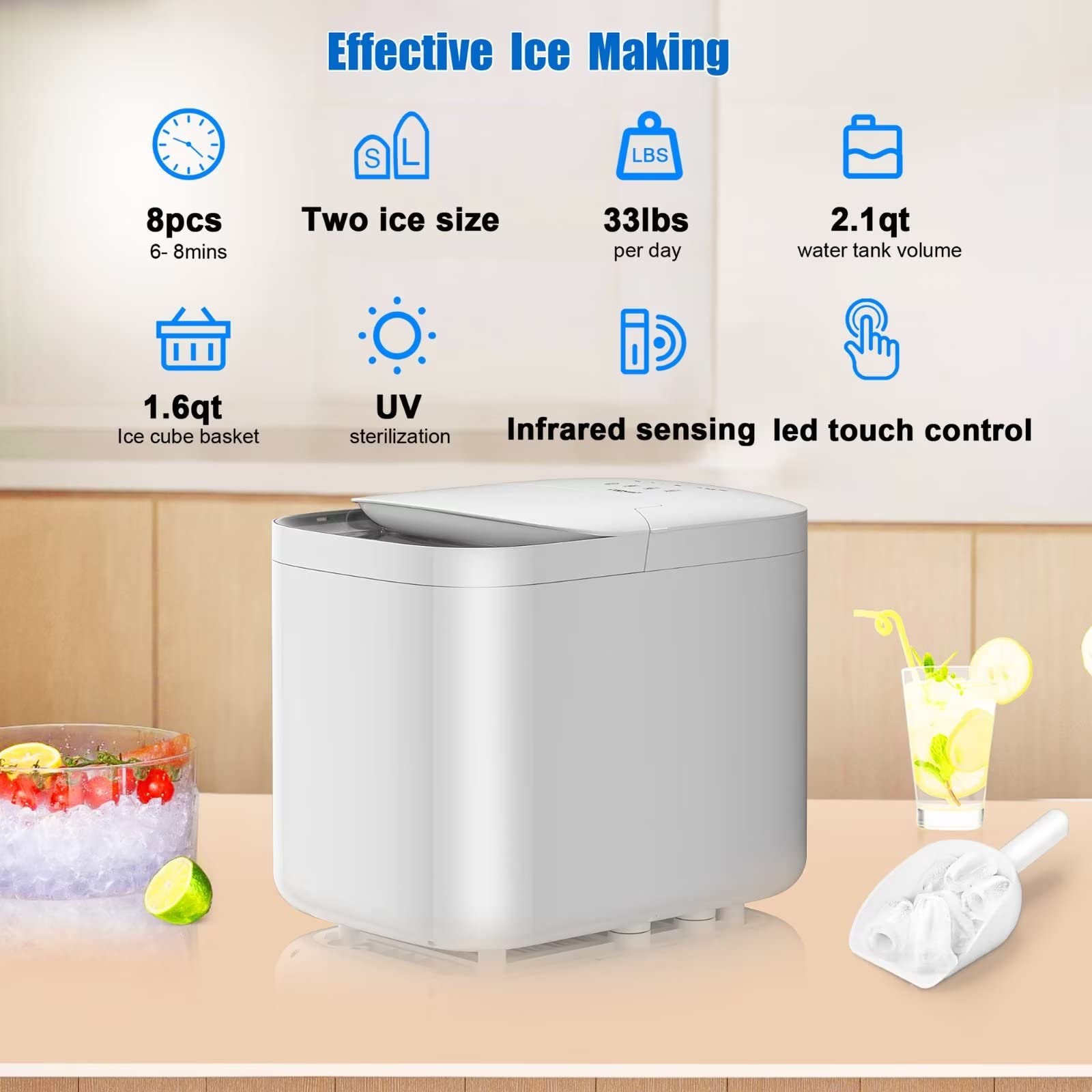 Vtechvat Ice Maker, Countertop Ice Maker with UV Lamp, Portable Ice Machine with Self Cleaning, ABS Material, 33lbs/Day, 6mins/8Pcs Bullet Ice, Counter Ice Maker for Home Kitchen Office Party(White)