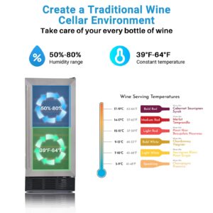 Techomey 15 Inch Under Counter Wine Cooler Refrigerator, 31 Bottle Freestanding Compressor Wine Fridge, Wine Cellar with Beech Wood Shelf, Digital Thermostat and Glass Door, Stainless Steel & Black