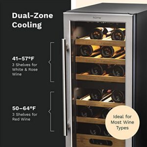 hOmeLabs 25 Bottles High-End Wine Cooler - Standalone Dual-Zone Mini Fridge and Chiller for Wines with Temperature Control Panel, Stainless Steel Reversible Door Swing and Removable Wood Shelves