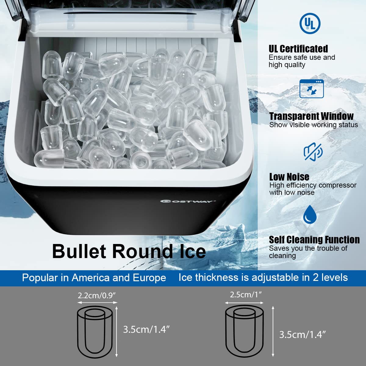 COSTWAY Ice Maker Countertop with Self-Clean Function, Make 44 Lbs Ice in 24 Hours, Ice Cubes Ready in 8.5 Mins, Ideal for Bar Home and Office, Portable Ice Machine with Ice Scoop and Basket, Black