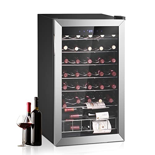 Smad Wine Fridge, 33 Bottle Wine Cooler Refrigerator, 19 Inch Freestanding Wine Fridge with Digital Temperature Display and Glassdoor, 3.5 cuft, Stainless Steel