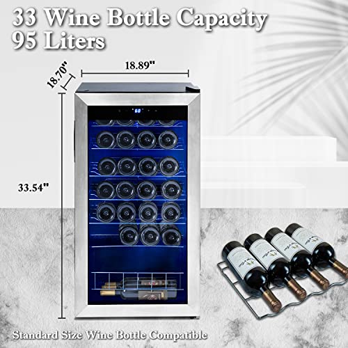 Smad Wine Fridge, 33 Bottle Wine Cooler Refrigerator, 19 Inch Freestanding Wine Fridge with Digital Temperature Display and Glassdoor, 3.5 cuft, Stainless Steel