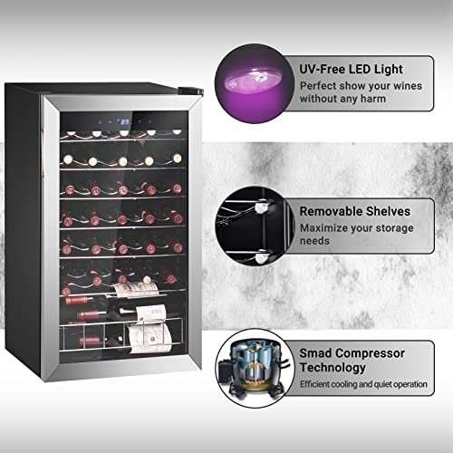 Smad Wine Fridge, 33 Bottle Wine Cooler Refrigerator, 19 Inch Freestanding Wine Fridge with Digital Temperature Display and Glassdoor, 3.5 cuft, Stainless Steel