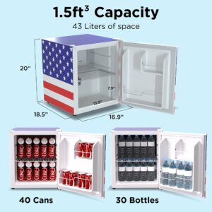 Husky 43L Countertop Mini Refrigerator with Reversible Door, Beverage Cooler with 40 Can Capacity, College Dorm Refrigerator, Beverage Refrigerator for Home and Office (US Flag)