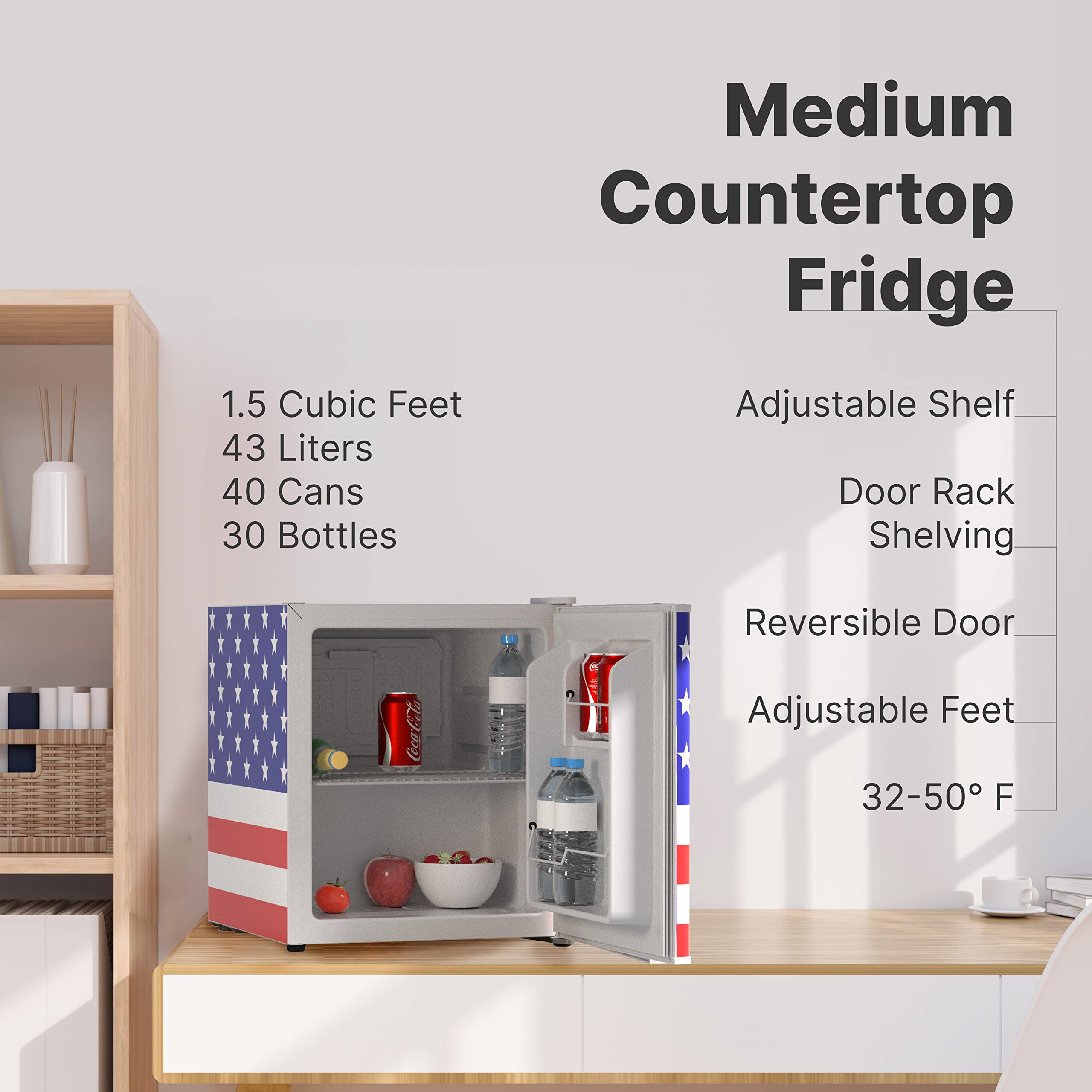 Husky 43L Countertop Mini Refrigerator with Reversible Door, Beverage Cooler with 40 Can Capacity, College Dorm Refrigerator, Beverage Refrigerator for Home and Office (US Flag)