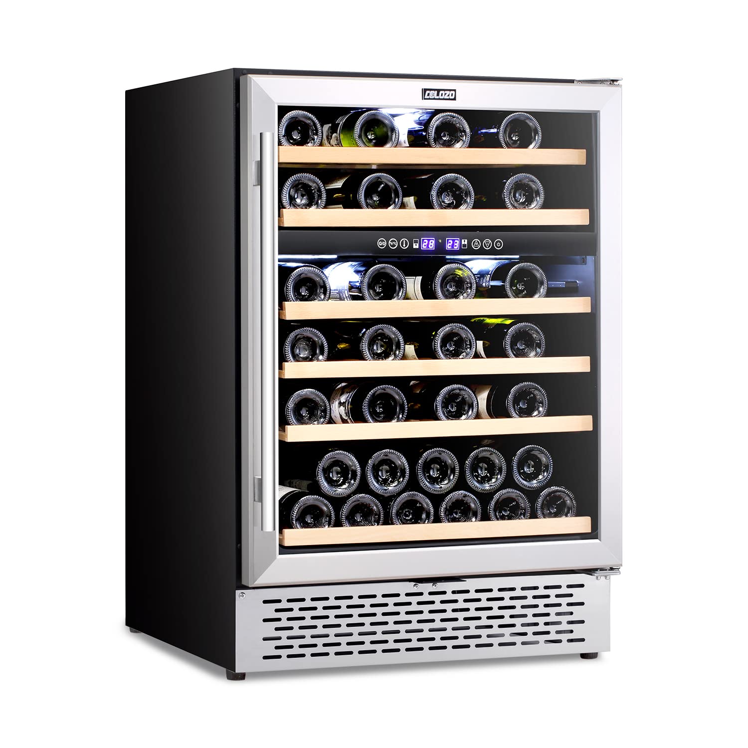 COLOZO 24 Inch Wine Cooler Refrigerator Dual Zone, 46 Bottle Freestanding Built-in Under Counter Mini Cellars Fridge with Stainless Steel &Tempered Glass Door and Temperature Memory Function