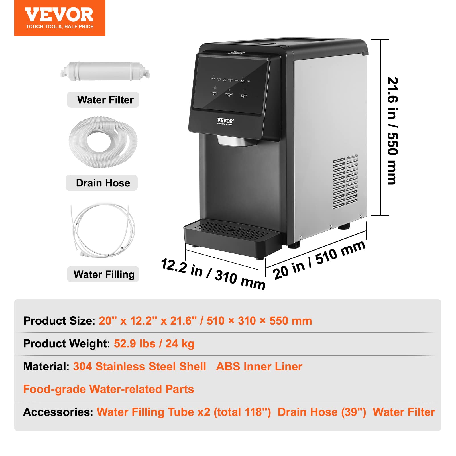 VEVOR Nugget Ice Maker, 62lbs in 24Hrs, Self-Cleaning Countertop Nugget Ice Dispenser with 6 lbs Ice Storage, for Home Kitchen Office Party