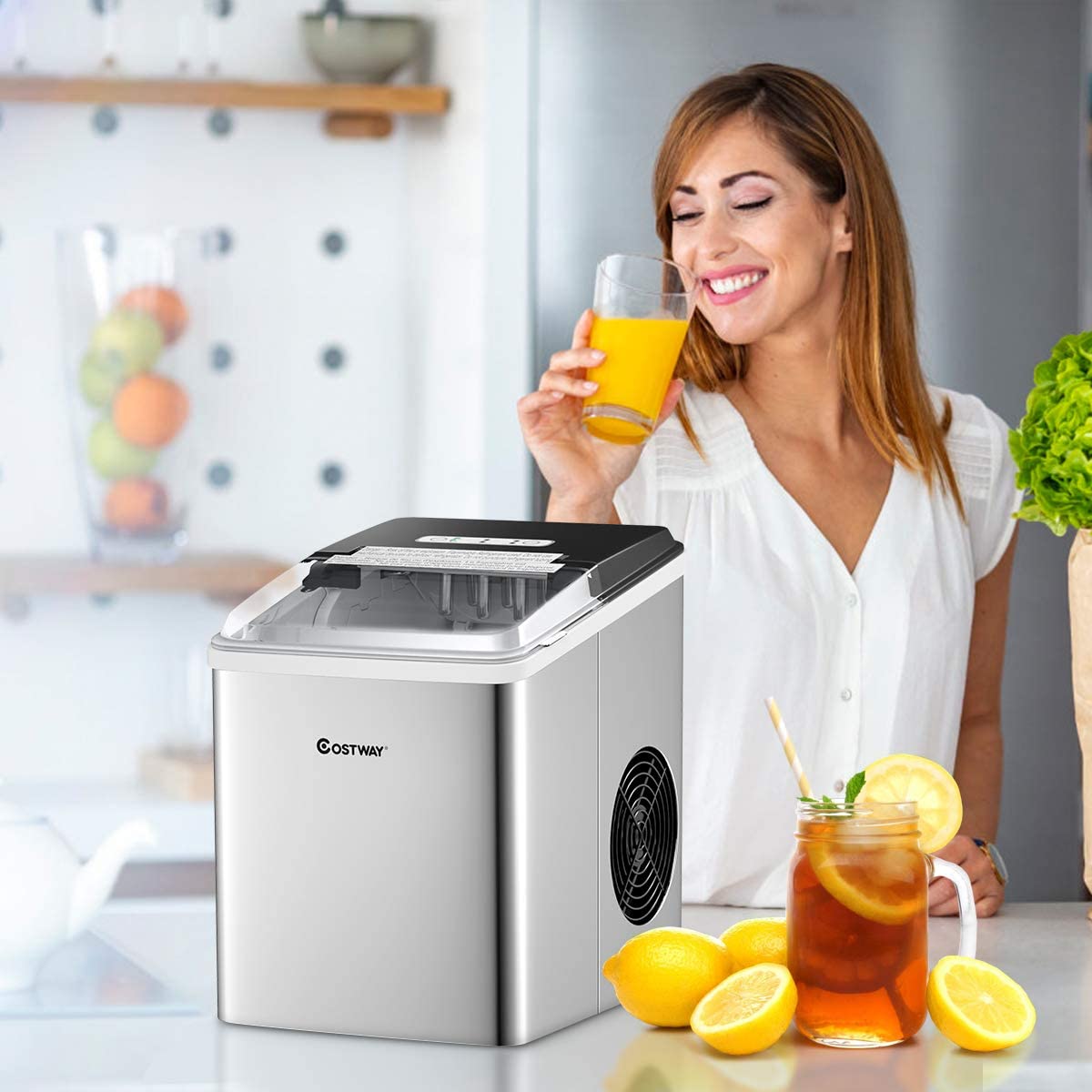 COSTWAY Countertop Ice Maker, Self-Cleaning Function, Ice Cubes Ready in 7 Minutes, 26LBS/24H Portable Stainless Steel Tabletop Ice Machine with Ice Scoop and Basket, Perfect for Home, Bar, Silver