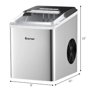 COSTWAY Countertop Ice Maker, Self-Cleaning Function, Ice Cubes Ready in 7 Minutes, 26LBS/24H Portable Stainless Steel Tabletop Ice Machine with Ice Scoop and Basket, Perfect for Home, Bar, Silver