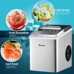 COSTWAY Countertop Ice Maker, Self-Cleaning Function, Ice Cubes Ready in 7 Minutes, 26LBS/24H Portable Stainless Steel Tabletop Ice Machine with Ice Scoop and Basket, Perfect for Home, Bar, Silver