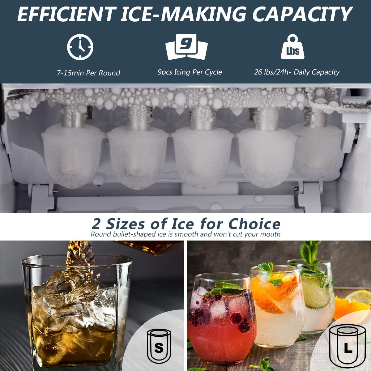 COSTWAY Countertop Ice Maker, Self-Cleaning Function, Ice Cubes Ready in 7 Minutes, 26LBS/24H Portable Stainless Steel Tabletop Ice Machine with Ice Scoop and Basket, Perfect for Home, Bar, Silver