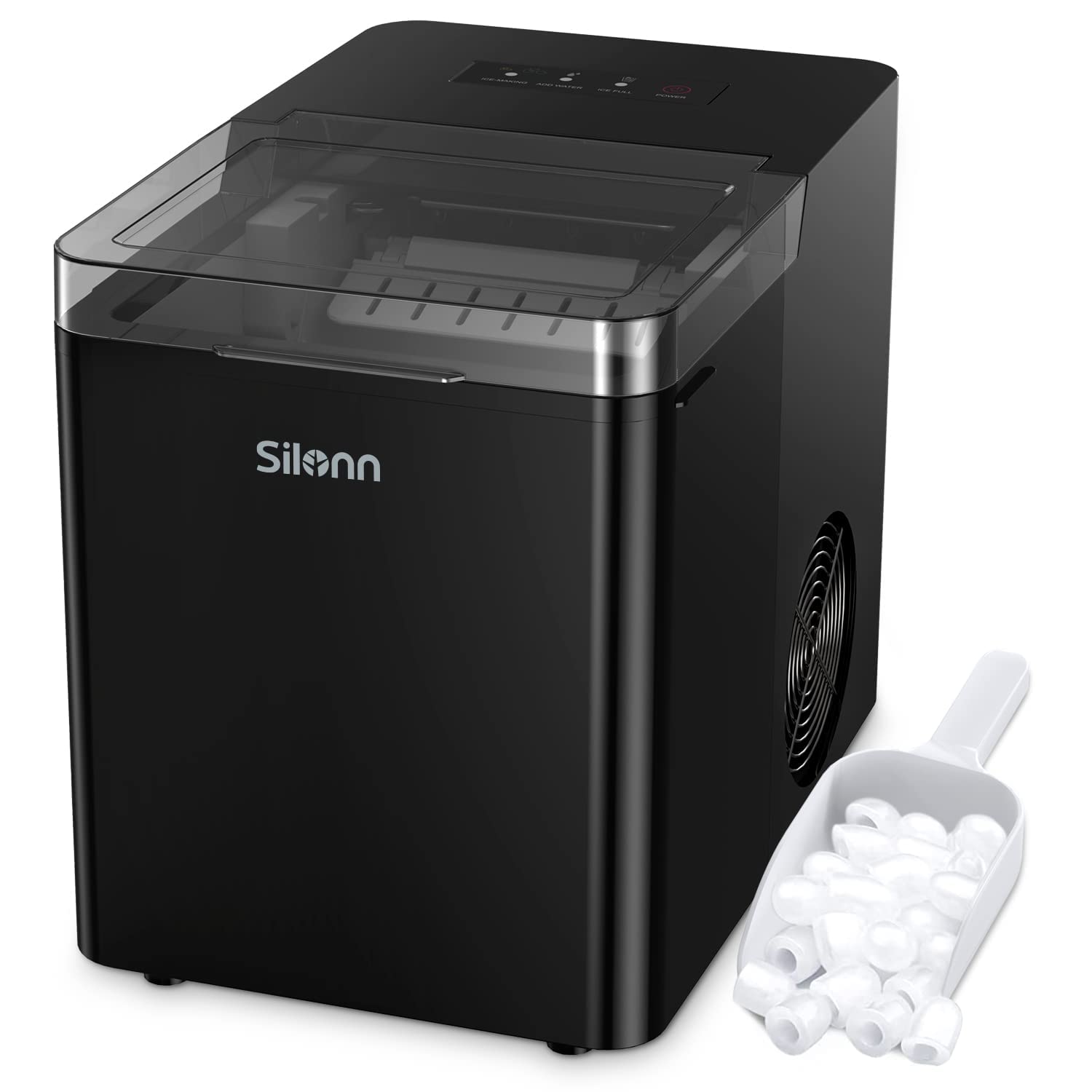 Silonn Countertop Ice Maker Machine, Fast Ice in 7 Min, 28 lbs of Ice Per Day, Ice Makers Countertop, Portable Ice Maker with Ice Basket and Scoop, Black, 10 x 15 x 12 inches