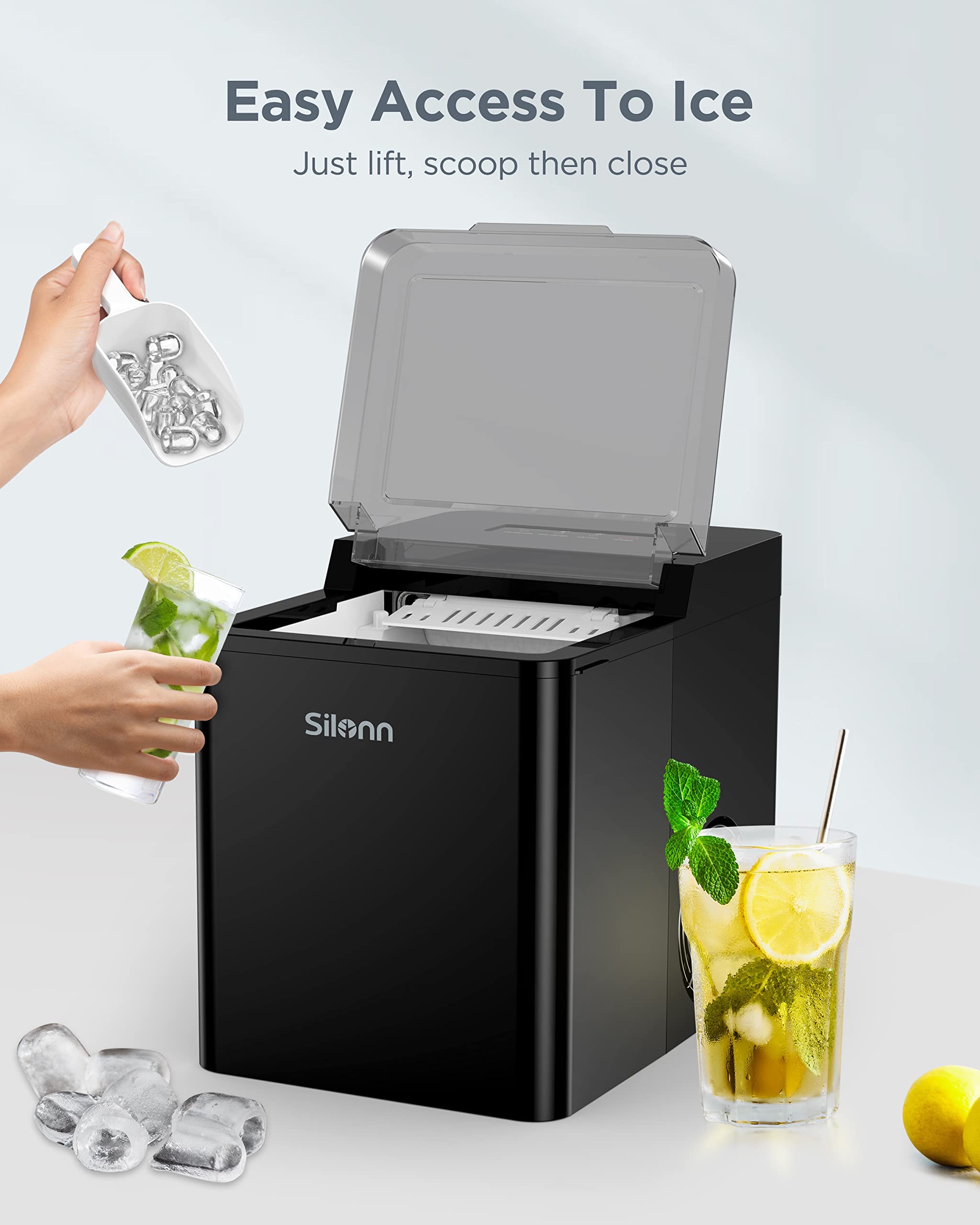 Silonn Countertop Ice Maker Machine, Fast Ice in 7 Min, 28 lbs of Ice Per Day, Ice Makers Countertop, Portable Ice Maker with Ice Basket and Scoop, Black, 10 x 15 x 12 inches