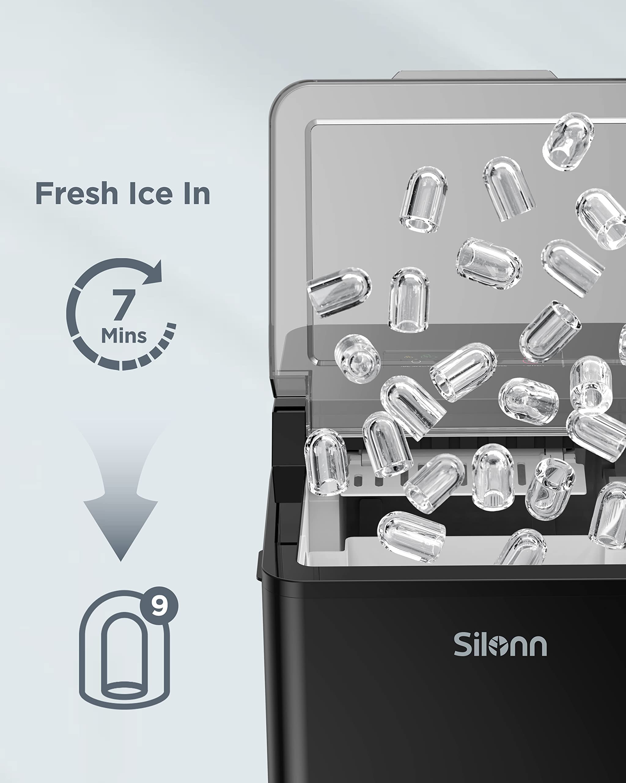 Silonn Countertop Ice Maker Machine, Fast Ice in 7 Min, 28 lbs of Ice Per Day, Ice Makers Countertop, Portable Ice Maker with Ice Basket and Scoop, Black, 10 x 15 x 12 inches