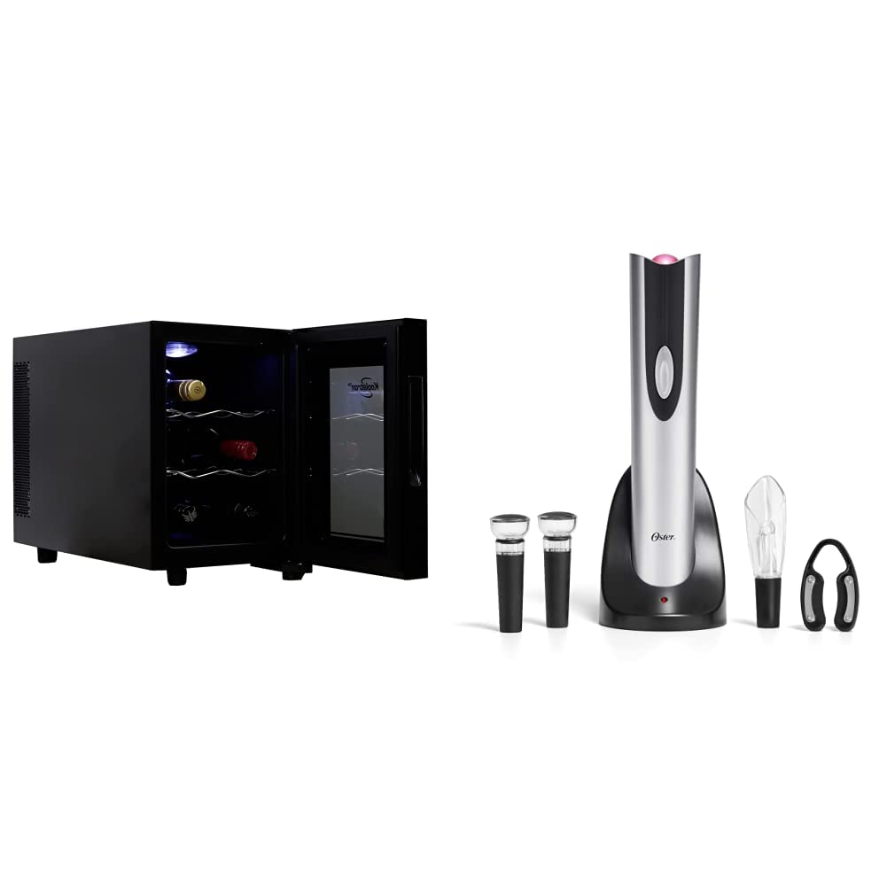 Koolatron 6 Bottle Wine Cooler (16L) and Oster Electric Wine Opener Kit with Aerating Pourer, Vacuum Stoppers and More