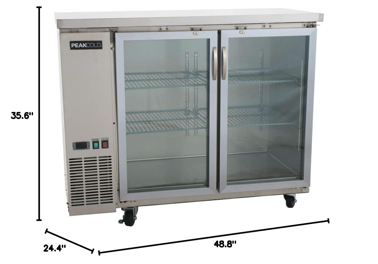 PEAKCOLD 2 Glass Door Commercial Back Bar Cooler; Stainless Steel Under Counter Refrigerator; 48" W