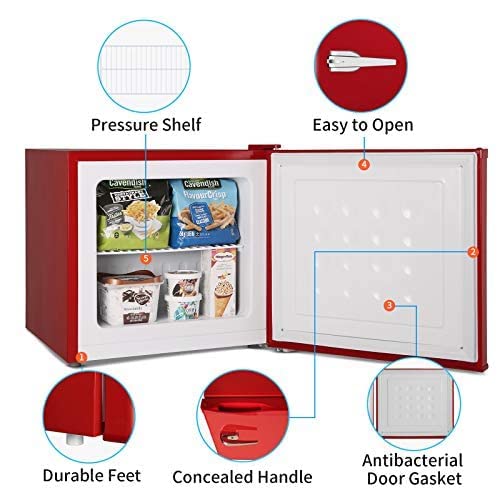 LHRIVER Mini Freezer Compact Upright Freezer, 1.2Cu.ft Small Freezer with Handle, Removable Shelves, Adjustable Thermostat Low Noise Mini Freezers for Bedroom, Apartment, Home, Office, Red