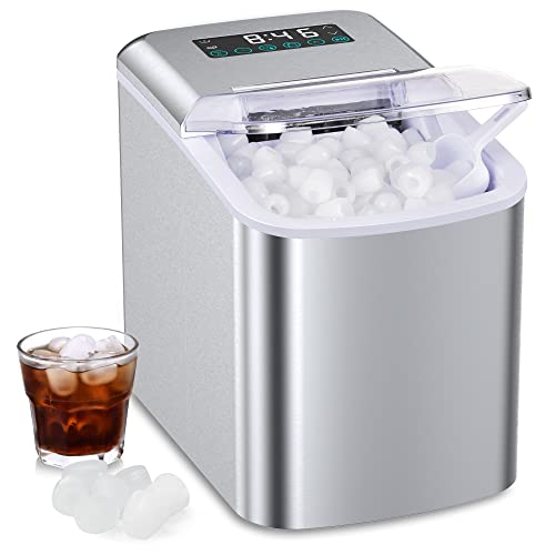 33Lbs/24H Ice Maker Countertop, 10 Ice Cube in 8 Mins, Smart Touch Control LED Panel, Time Reservation & Countdown, Self-Cleaning, 2 Sizes Ice Cube, Portable for Home Camping Party RV, Stainless Steel