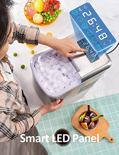 33Lbs/24H Ice Maker Countertop, 10 Ice Cube in 8 Mins, Smart Touch Control LED Panel, Time Reservation & Countdown, Self-Cleaning, 2 Sizes Ice Cube, Portable for Home Camping Party RV, Stainless Steel