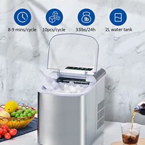 33Lbs/24H Ice Maker Countertop, 10 Ice Cube in 8 Mins, Smart Touch Control LED Panel, Time Reservation & Countdown, Self-Cleaning, 2 Sizes Ice Cube, Portable for Home Camping Party RV, Stainless Steel