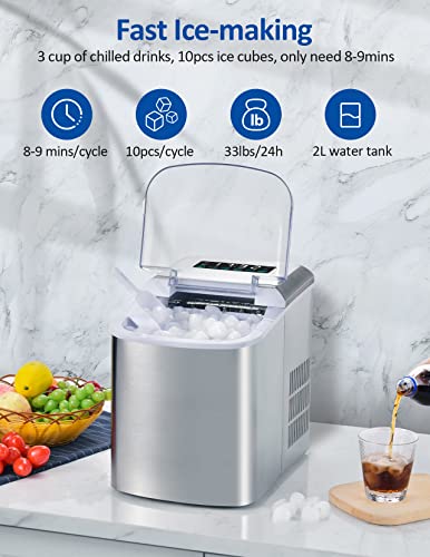 33Lbs/24H Ice Maker Countertop, 10 Ice Cube in 8 Mins, Smart Touch Control LED Panel, Time Reservation & Countdown, Self-Cleaning, 2 Sizes Ice Cube, Portable for Home Camping Party RV, Stainless Steel