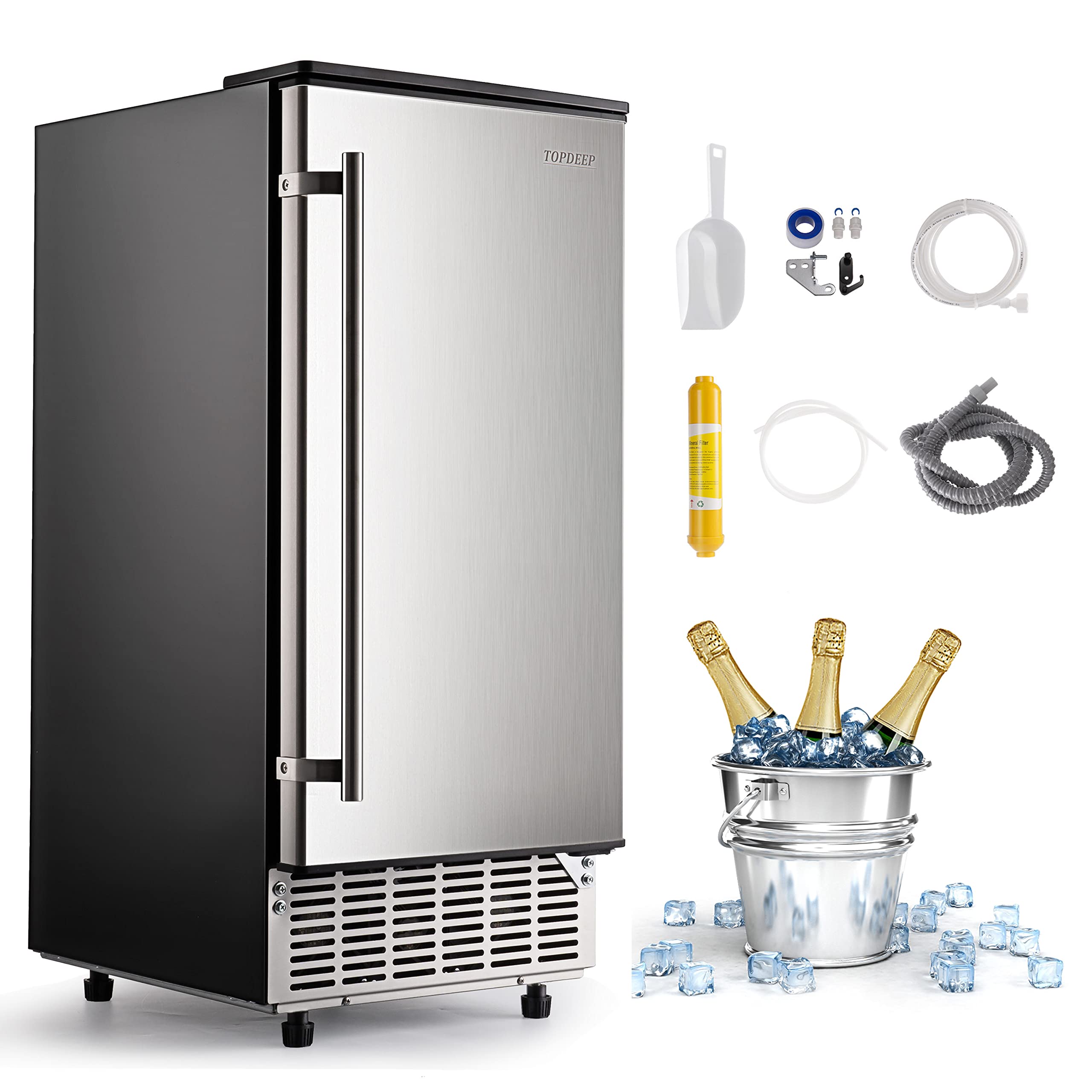 Topdeep Untercounter Commercial Ice Machine, Built-in Ice Maker Machine with 80LBS Per Day, Stainless Steel Commercial Ice Maker, Cold Insulation, Auto Clean, with 29 Pounds Storage Bin