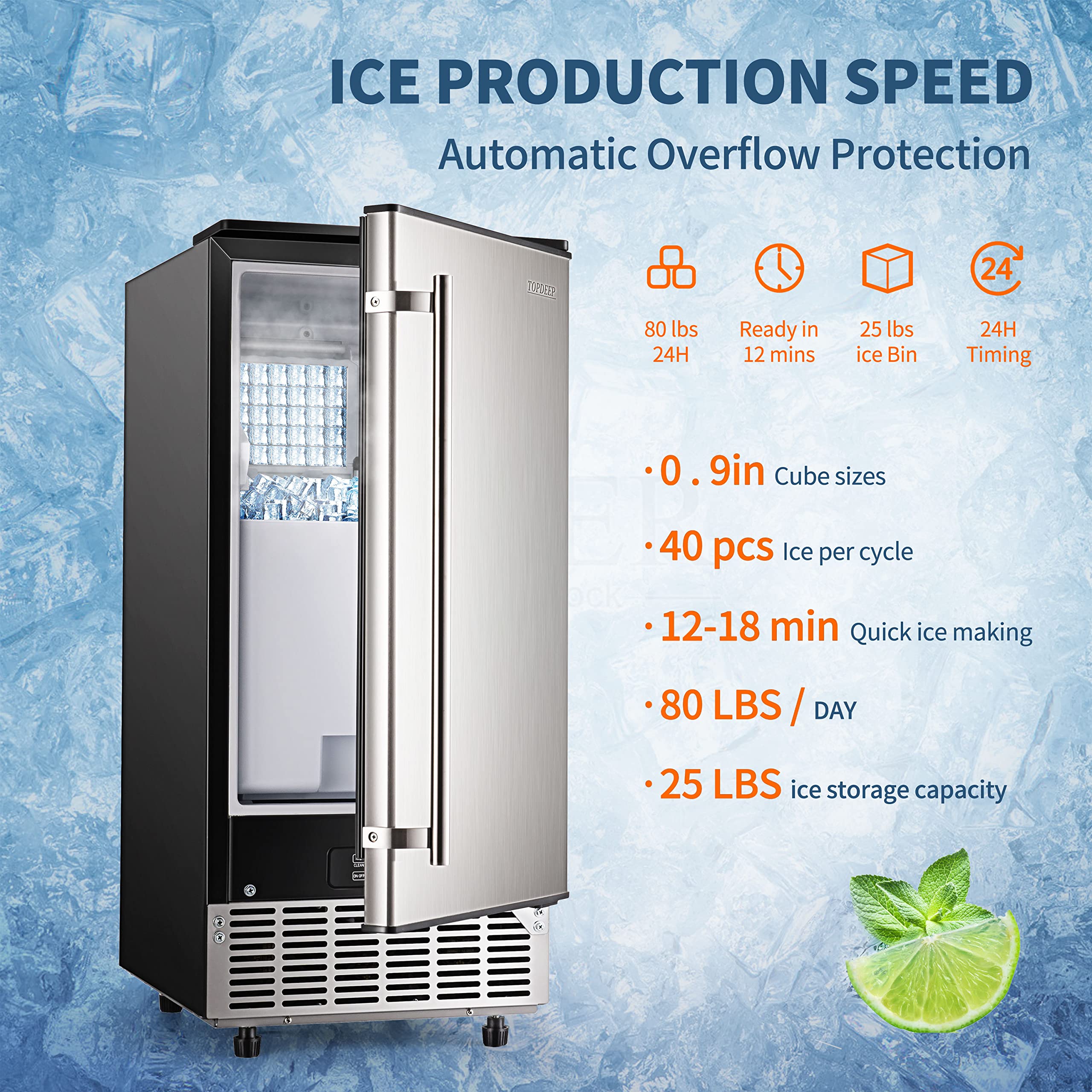 Topdeep Untercounter Commercial Ice Machine, Built-in Ice Maker Machine with 80LBS Per Day, Stainless Steel Commercial Ice Maker, Cold Insulation, Auto Clean, with 29 Pounds Storage Bin