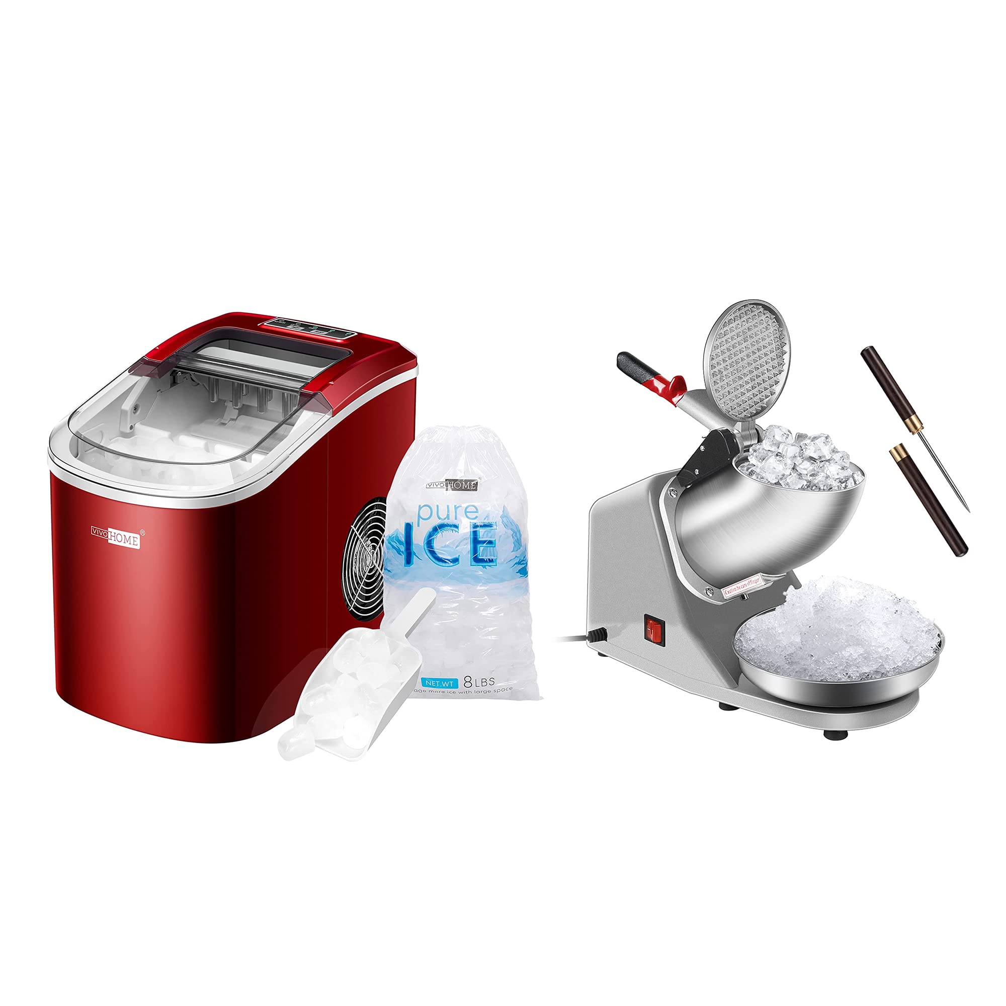 VIVOHOME Electric Portable Compact Countertop Automatic Ice Cube Maker Red with Electric Ice Shaver Snow Cone Maker