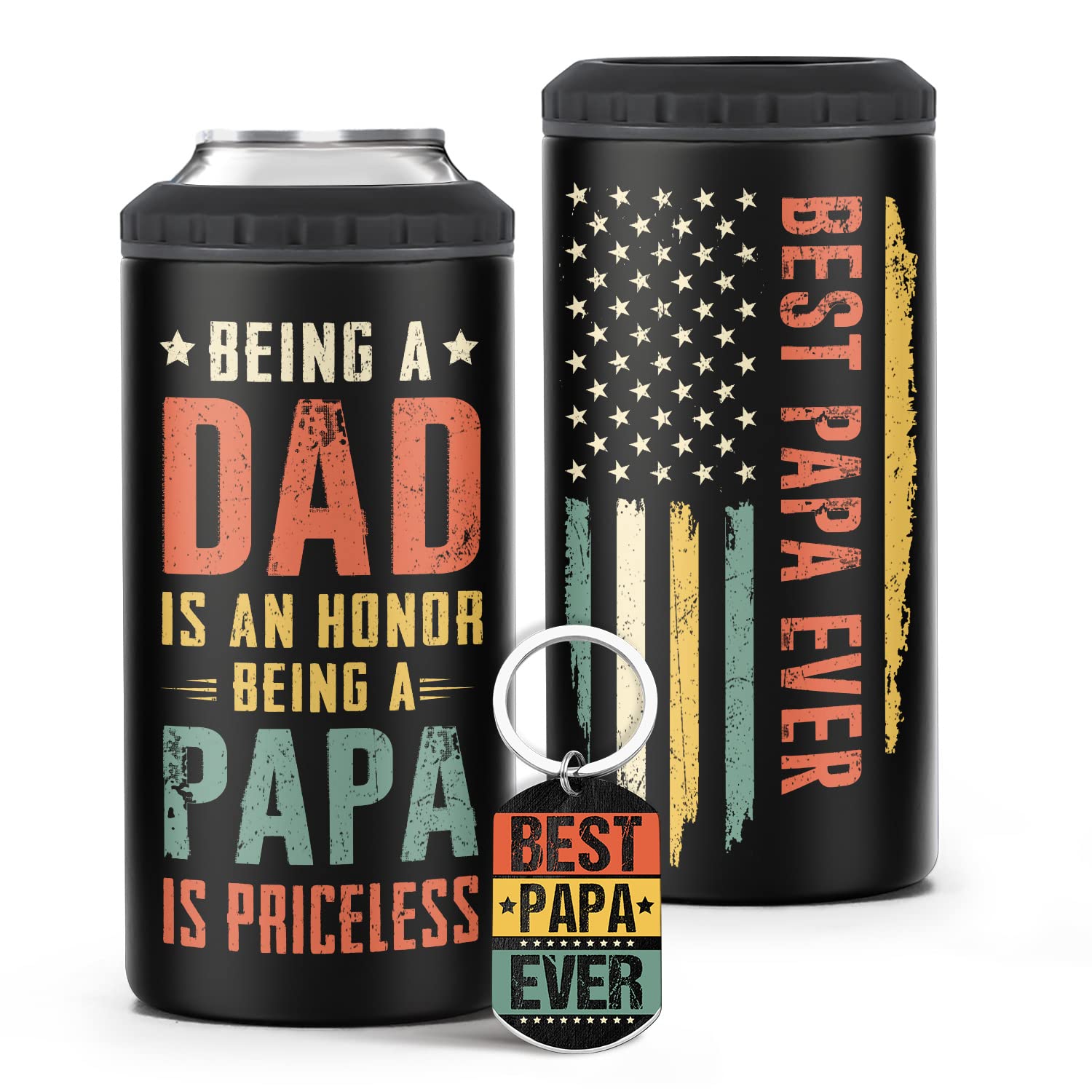 365FURY Papa Gifts - Gifts For Dad, Grandpa From Kids, Granddaughter, Grandson - Father's Day, Birthday Gifts For Papa - Best Papa Ever 12Oz Stainless Steel Can Cooler/Tumbler & Keychain