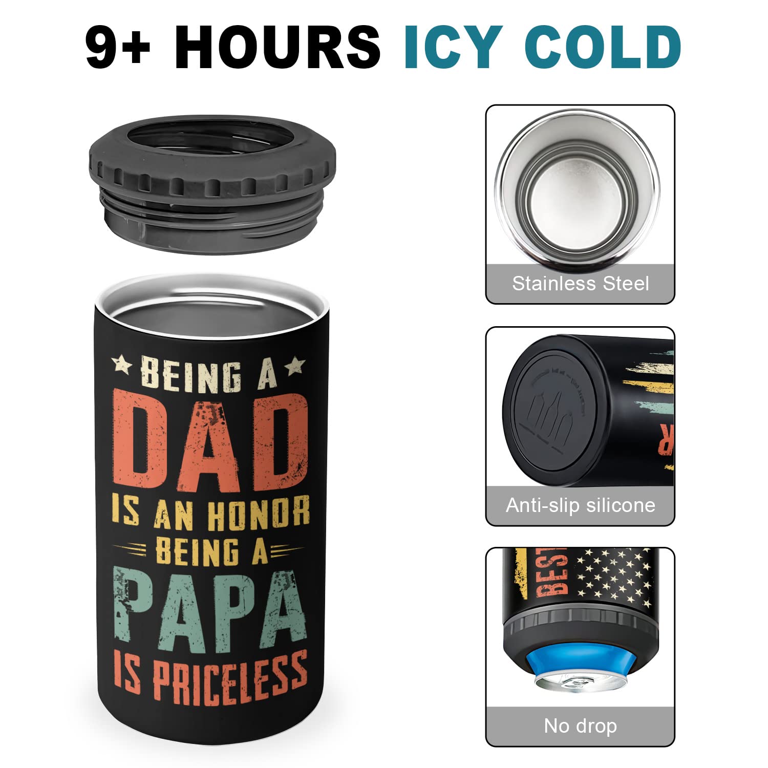 365FURY Papa Gifts - Gifts For Dad, Grandpa From Kids, Granddaughter, Grandson - Father's Day, Birthday Gifts For Papa - Best Papa Ever 12Oz Stainless Steel Can Cooler/Tumbler & Keychain