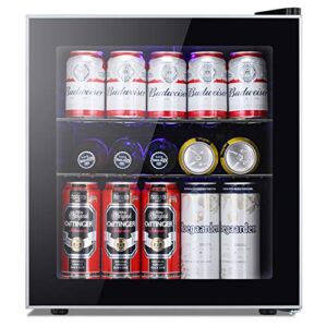 kismile 1.6 cu.ft beverage refrigerator and cooler,60 can mini fridge with glass door for soda beer or wine,small drink cooler dispenser counter top refrigerator for home,office,or bar (transparent)