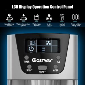 COSTWAY 2 in 1 Countertop Ice Maker with Built-in Water Dispenser, Produces 36 lbs Ice in 24 Hours, Ready in 6 Mins, with LCD Control Panel, Portable Ice Cube Machine for Home, Bar, Party (Silver)