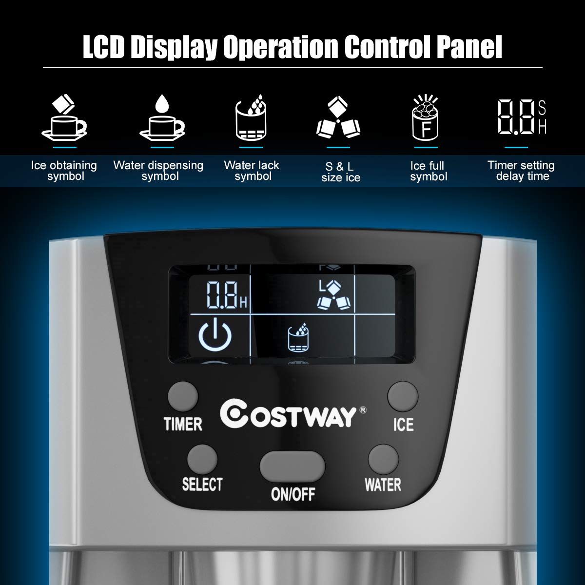 COSTWAY 2 in 1 Countertop Ice Maker with Built-in Water Dispenser, Produces 36 lbs Ice in 24 Hours, Ready in 6 Mins, with LCD Control Panel, Portable Ice Cube Machine for Home, Bar, Party (Silver)