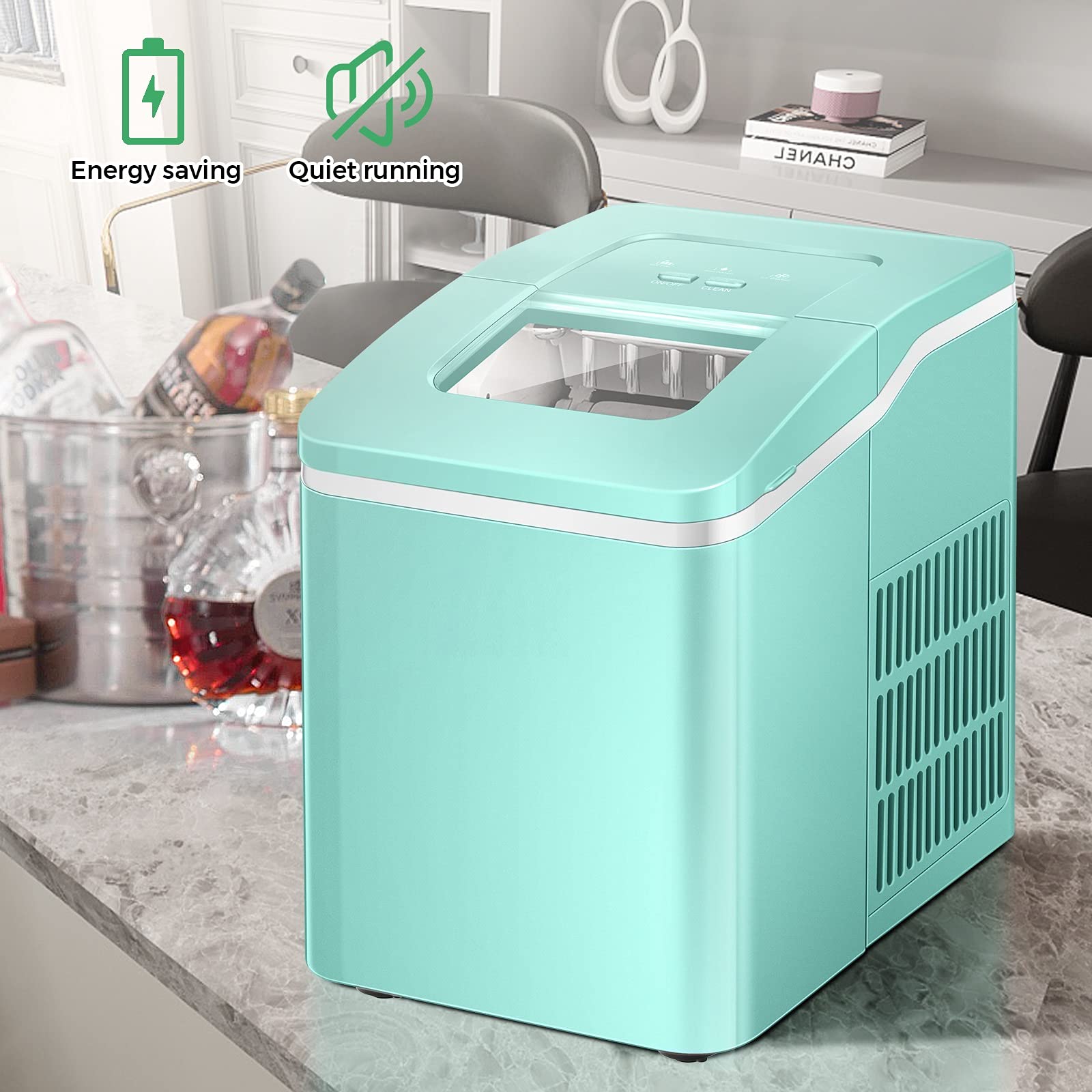 MAT Expert Countertop Nugget Ice Maker, 26LBS/24H, 9 Cubes in 8 Min, Bullet-Shaped Ice Makers, 1.6L Water Tank & 1.6L Bucket, Scoop, Self-Clean Compact Tabletop Ice Maker for Home/Bar/Office (Green)