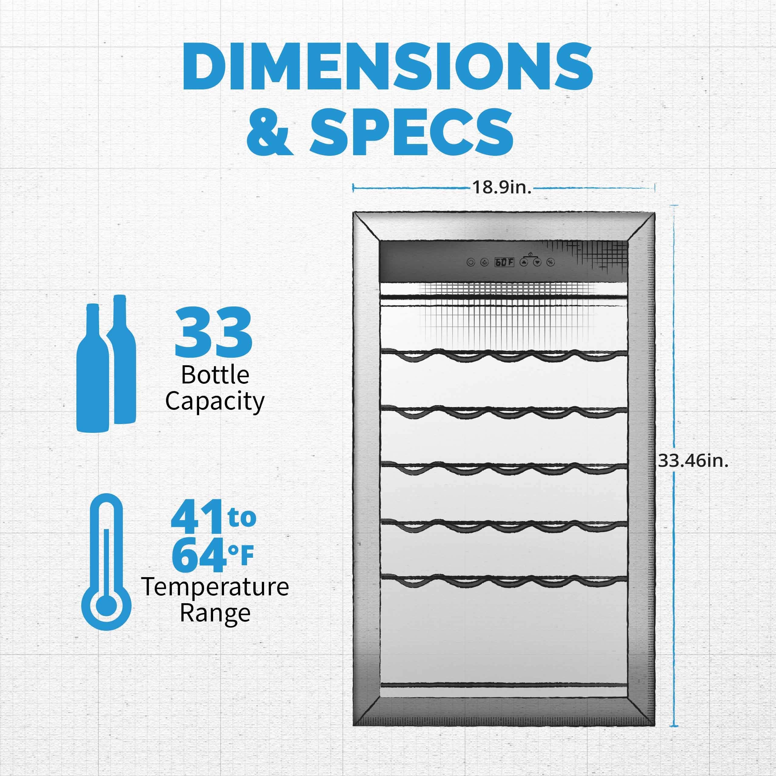 NewAir Compressor Wine Cooler Refrigerator in Stainless Steel | 33 Bottle Capacity | Freestanding or Built-In Fridge | UV Protected Glass Door with Digital Thermostat NWC033SS01