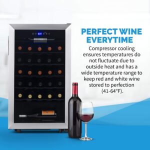 NewAir Compressor Wine Cooler Refrigerator in Stainless Steel | 33 Bottle Capacity | Freestanding or Built-In Fridge | UV Protected Glass Door with Digital Thermostat NWC033SS01