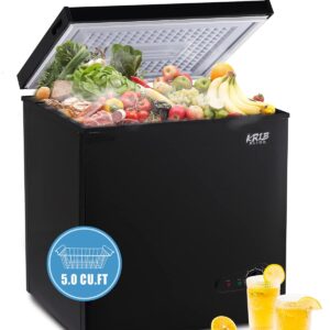 Krib Bling 5.0 Cu.Ft Chest Freezer with 7 Gears Temperature Control(-16°F to -48°F), Deep Compact Freezer with a Removable Basket, for House, Kitchen, Garage, Basement, Shop, Black