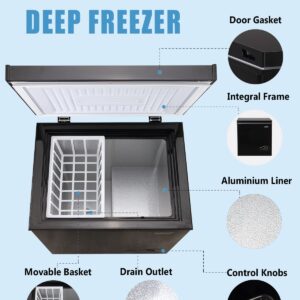 Krib Bling 5.0 Cu.Ft Chest Freezer with 7 Gears Temperature Control(-16°F to -48°F), Deep Compact Freezer with a Removable Basket, for House, Kitchen, Garage, Basement, Shop, Black