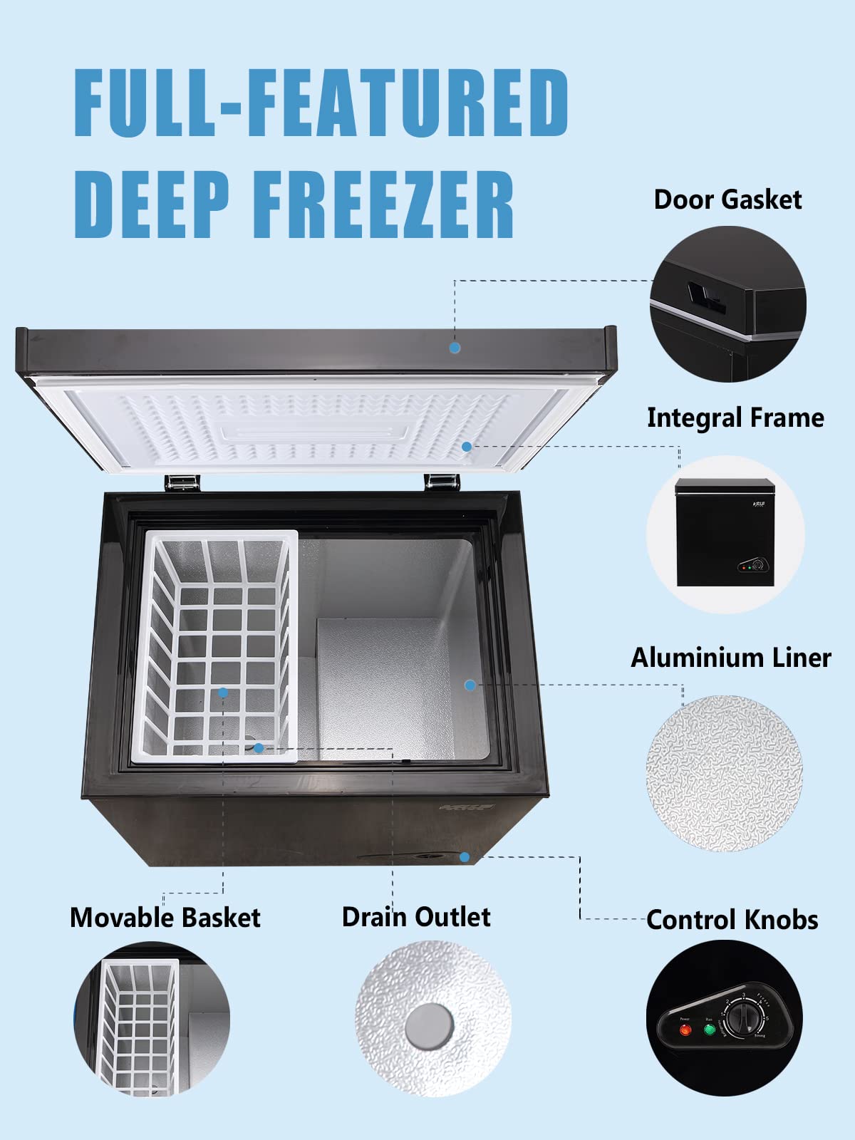 Krib Bling 5.0 Cu.Ft Chest Freezer with 7 Gears Temperature Control(-16°F to -48°F), Deep Compact Freezer with a Removable Basket, for House, Kitchen, Garage, Basement, Shop, Black