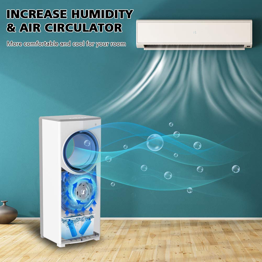 3 In 1 Evaporative Air Cooler, LifePlus Portable Bladeless Cooling Fan w/Cooling & Humidification Function, Swamp Cooler with 2 Ways Water Filling, Remote Control, 3 Wind Speed and 4 Modes, 1 Gallon Water Tank for Living Room Office