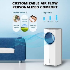 3 In 1 Evaporative Air Cooler, LifePlus Portable Bladeless Cooling Fan w/Cooling & Humidification Function, Swamp Cooler with 2 Ways Water Filling, Remote Control, 3 Wind Speed and 4 Modes, 1 Gallon Water Tank for Living Room Office