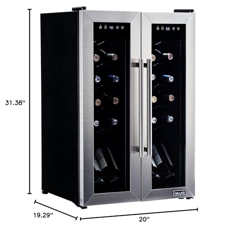 NewAir 24 Bottle Wine French Door Cooler Refrigerator | Freestanding Wine Fridge | Dual Zone, Stainless Steel, Double-Layer Tempered Glass Door, Quiet Compressor | 41F-64F Digital Temperature Control