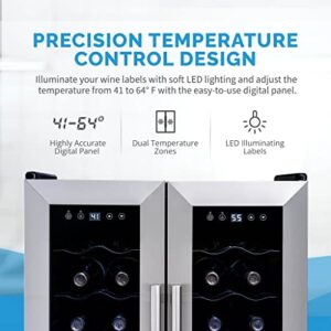 NewAir 24 Bottle Wine French Door Cooler Refrigerator | Freestanding Wine Fridge | Dual Zone, Stainless Steel, Double-Layer Tempered Glass Door, Quiet Compressor | 41F-64F Digital Temperature Control