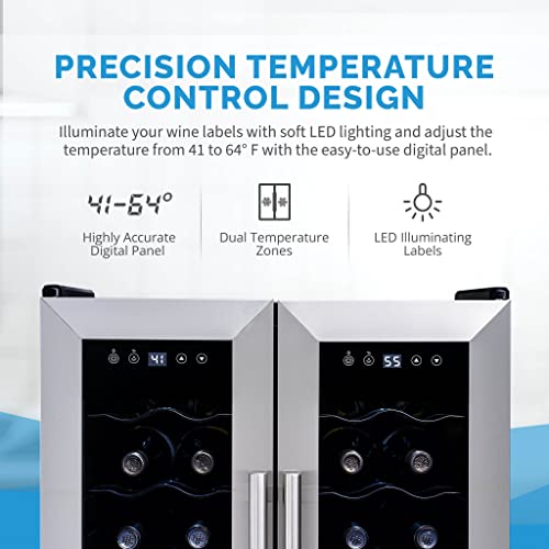 NewAir 24 Bottle Wine French Door Cooler Refrigerator | Freestanding Wine Fridge | Dual Zone, Stainless Steel, Double-Layer Tempered Glass Door, Quiet Compressor | 41F-64F Digital Temperature Control