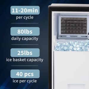 Kognita Under Counter Ice Maker Home Built in Ice Machine with Drain Pump, 2 Ice Scoops, 15 Inch Large Commercial Ice Maker with Water Line, 80LBS Per Day,Square Ice Cube Sheet - Silver