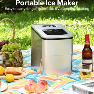 26Lbs Ice Maker Countertop, 9 Ice Cube Ready in 6 Mins, 26Lbs/24H, Self-Cleaning Ice Maker Machine, 2 Sizes Ice Cube Portable Ice Maker, Ice Scoop/Basket/Hook/5pcs Ice Bags, for Home Camping Party RV