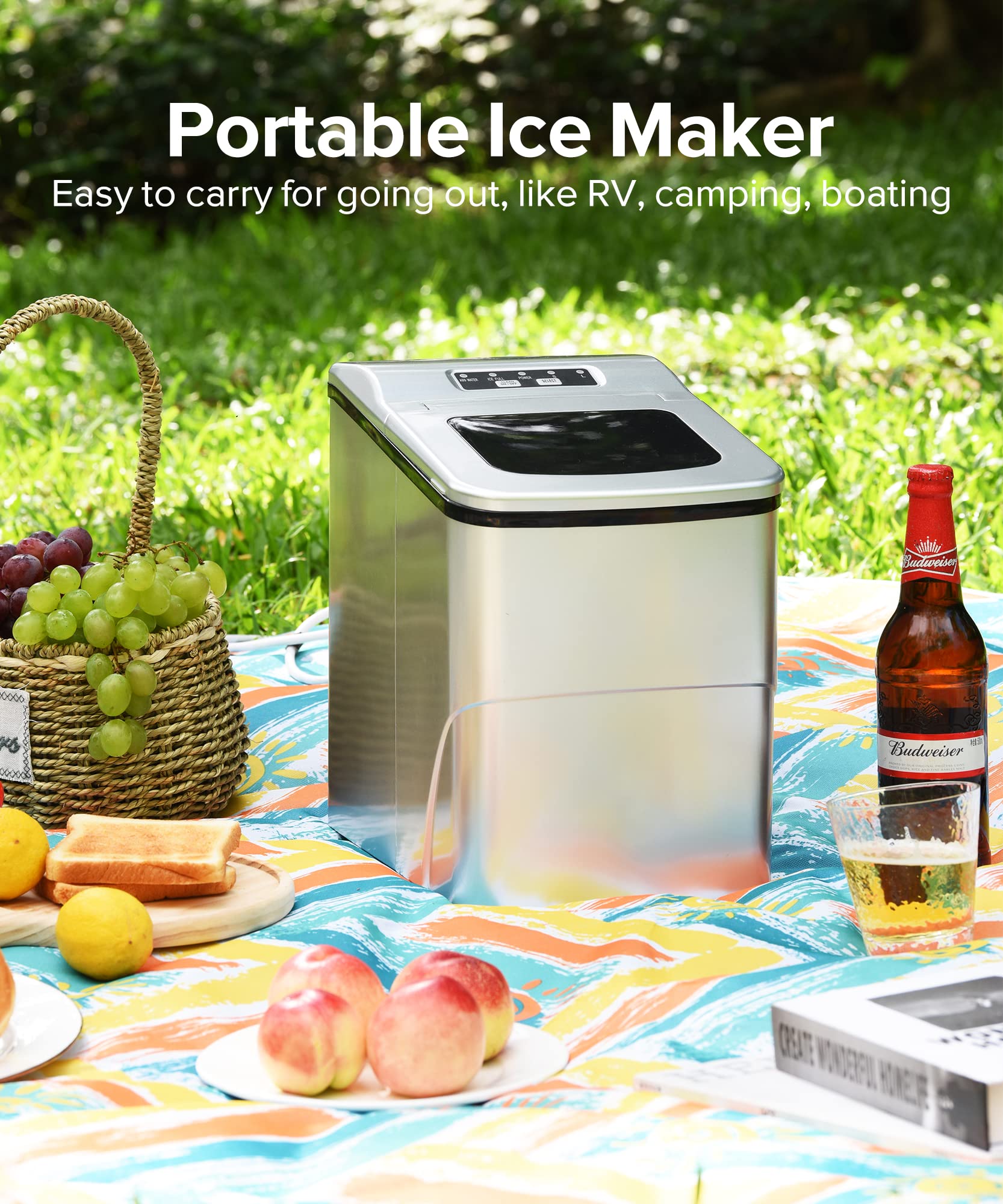 26Lbs Ice Maker Countertop, 9 Ice Cube Ready in 6 Mins, 26Lbs/24H, Self-Cleaning Ice Maker Machine, 2 Sizes Ice Cube Portable Ice Maker, Ice Scoop/Basket/Hook/5pcs Ice Bags, for Home Camping Party RV