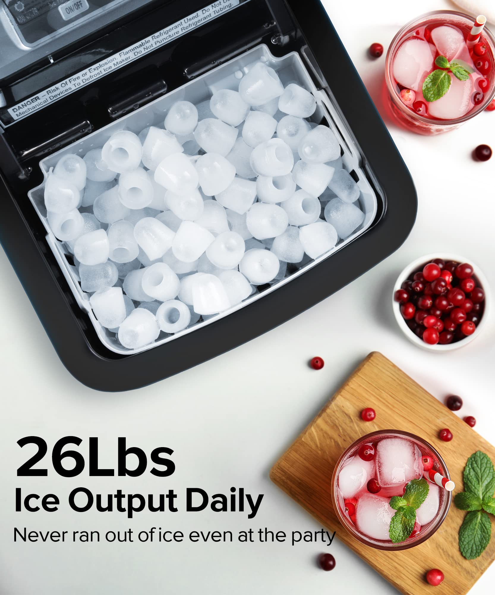 26Lbs Ice Maker Countertop, 9 Ice Cube Ready in 6 Mins, 26Lbs/24H, Self-Cleaning Ice Maker Machine, 2 Sizes Ice Cube Portable Ice Maker, Ice Scoop/Basket/Hook/5pcs Ice Bags, for Home Camping Party RV