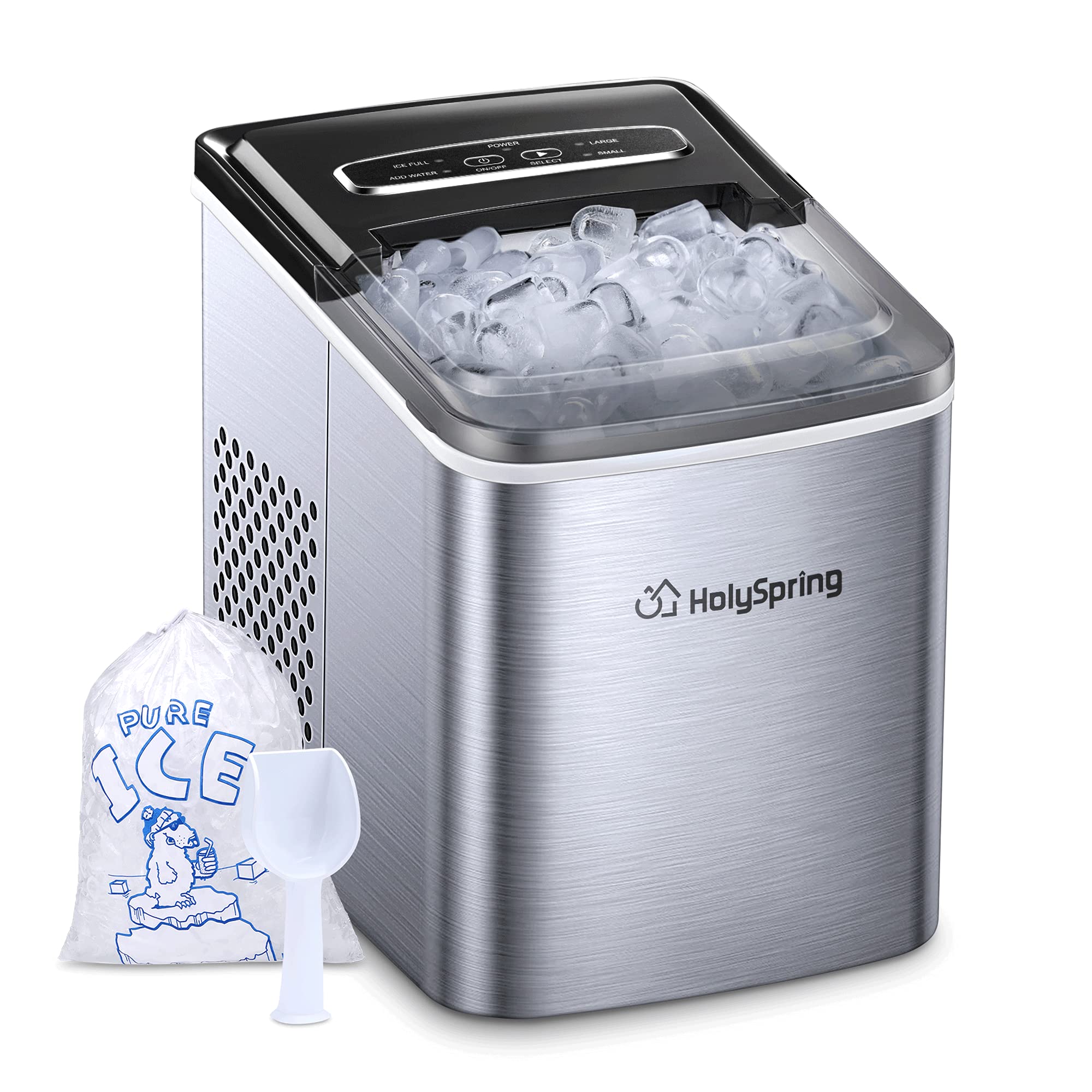 HolySpring Ice Maker Machine Countertop, Portable Ice Makers with Ice Bags and Standing Ice Scoop Basket, Countertop Ice Maker 2.1L w/Self Cleaning, 9 Bullet Cubes Ready in 5-7Mins, 26.5lbs in 24 hrs